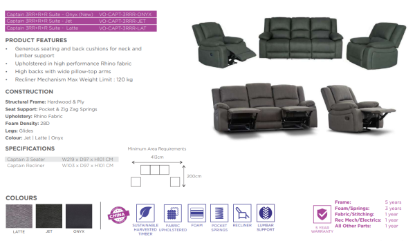 CAPTAIN SINGLE POWER RECLINER SOFA-JET - The Lounge Hub Australia